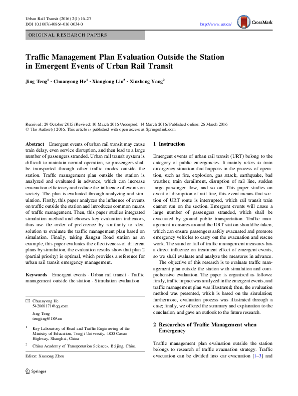 Pdf Traffic Management Plan Evaluation Outside The Station In Emergent Events Of Urban Rail