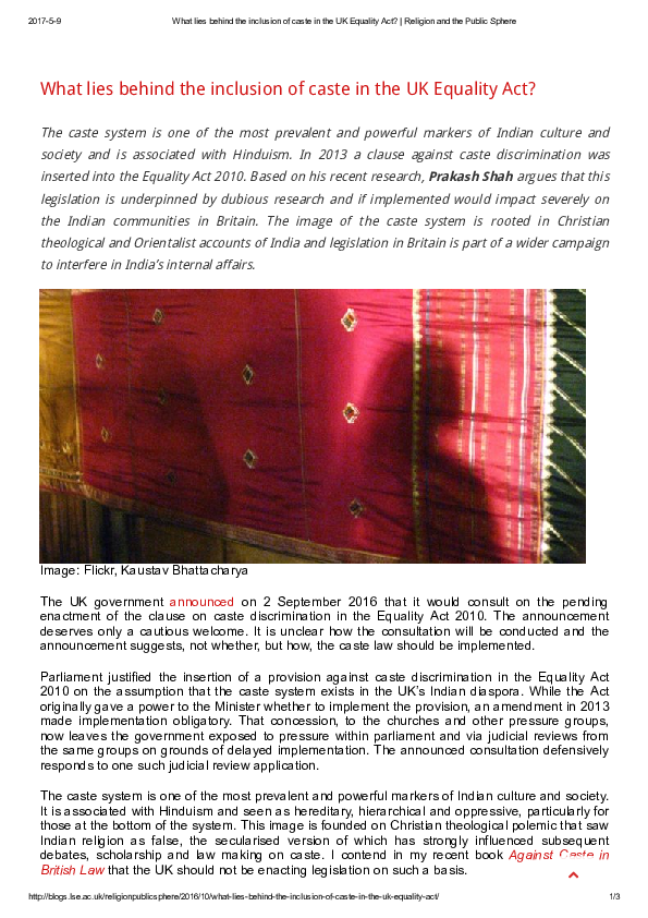 (PDF) What lies behind the inclusion of caste in the UK Equality Act