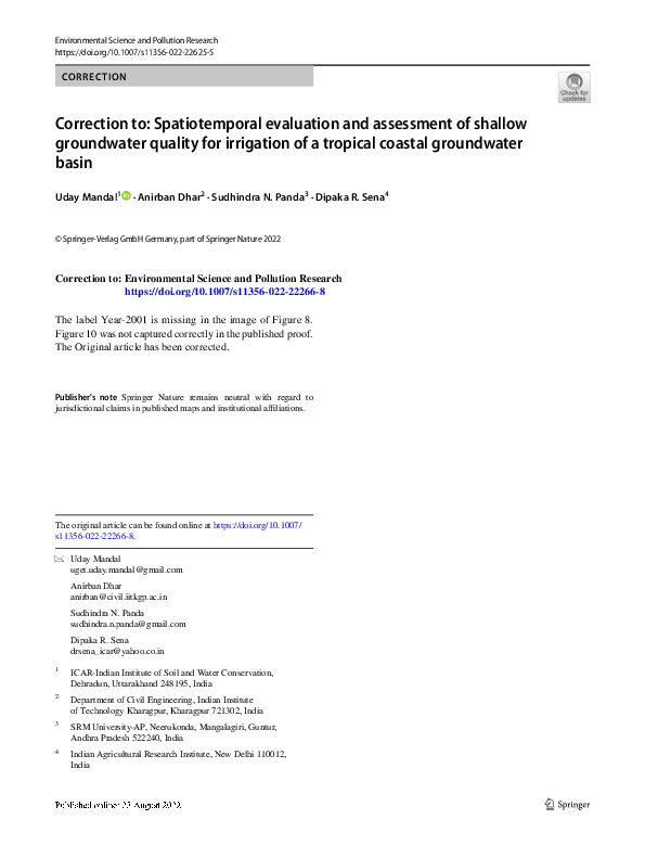 Pdf Correction To Spatiotemporal Evaluation And Assessment Of Shallow Groundwater Quality For