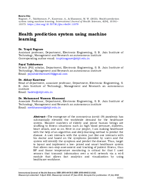 (PDF) Health prediction system using machine learning | Trupti Nagrare - Academia.edu