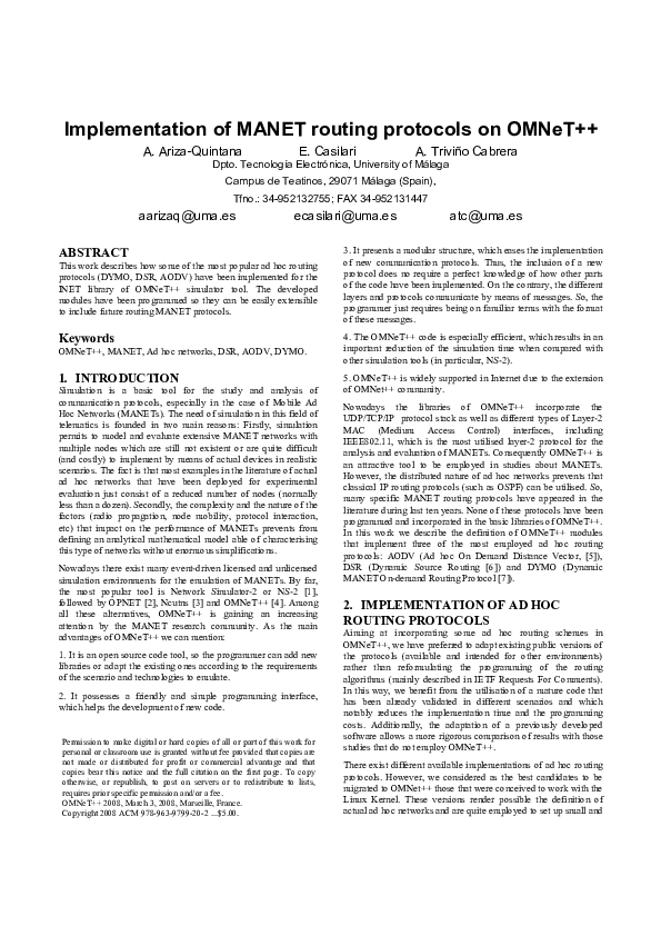 (PDF) Implementation of MANET routing protocols on OMNeT++