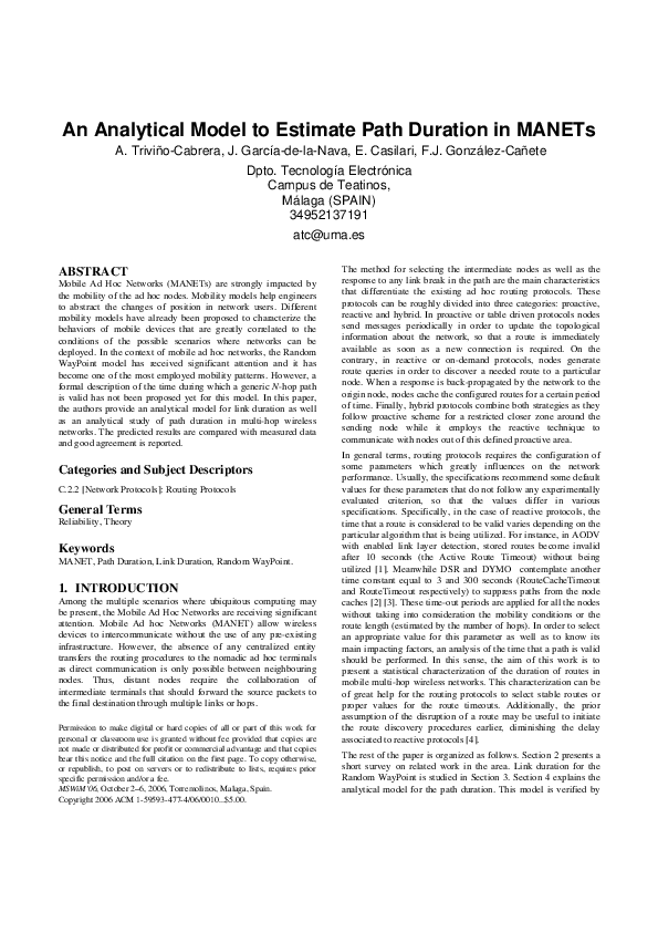 (PDF) An analytical model to estimate path duration in MANETs | Eduardo ...