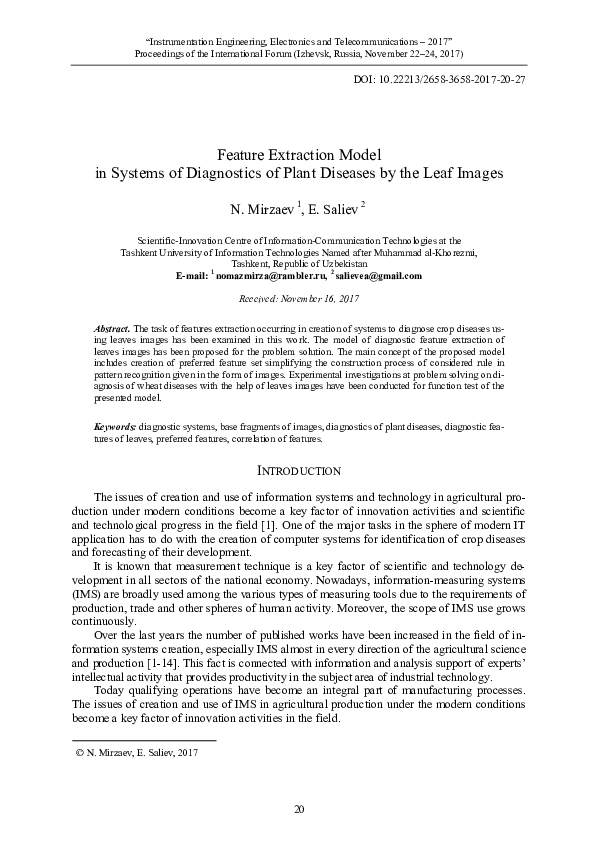(PDF) Feature extraction model in systems of diagnostics of plant ...
