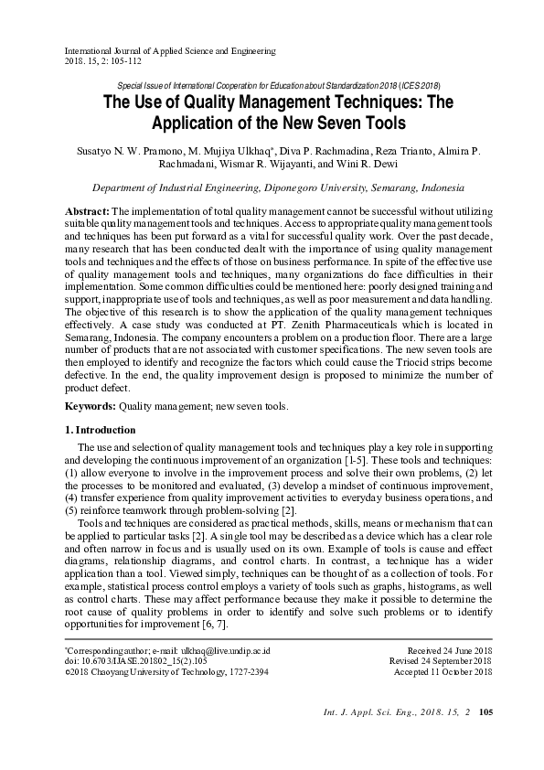 (PDF) The Use of Quality Management Techniques the Application of the ...