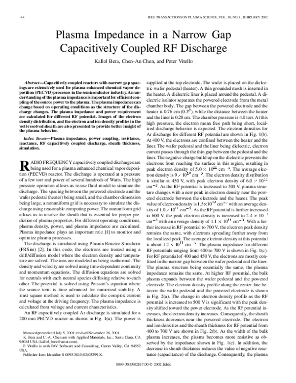 (PDF) Plasma impedance in a narrow gap capacitively coupled RF discharge