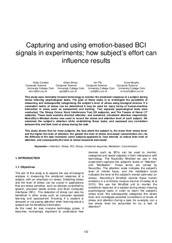 Pdf Capturing And Using Emotion Based Bci Signals In Experiments How Subjects Effort Can