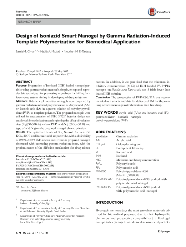 (PDF) Design of Isoniazid Smart Nanogel by Gamma Radiation-Induced ...