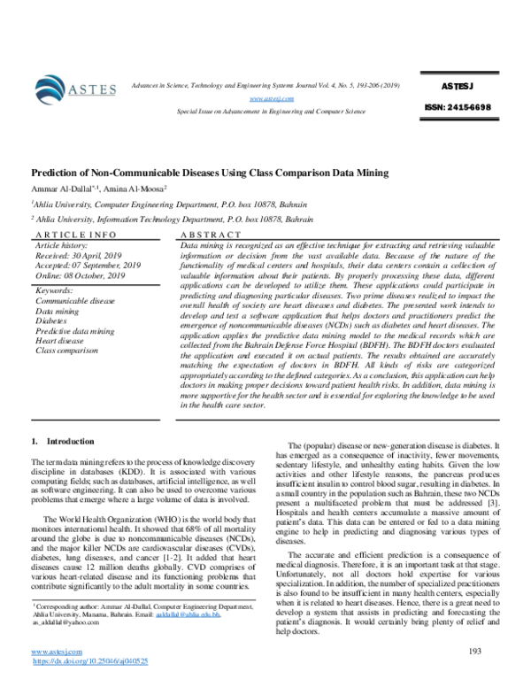 (PDF) Prediction of Non-Communicable Diseases Using Class Comparison Data Mining | Ammar Al ...