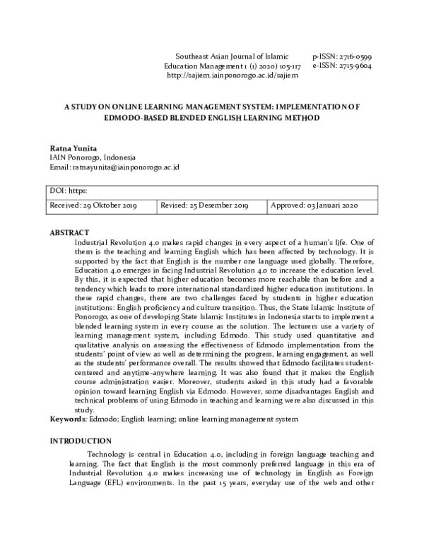 (PDF) A Study on Online Learning Management System: Implementation of Edmodo-Based Blended ...
