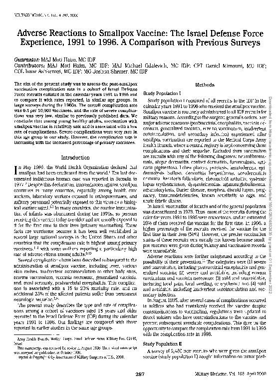 (PDF) Adverse Reactions to Smallpox Vaccine: The Israel Defense Force ...