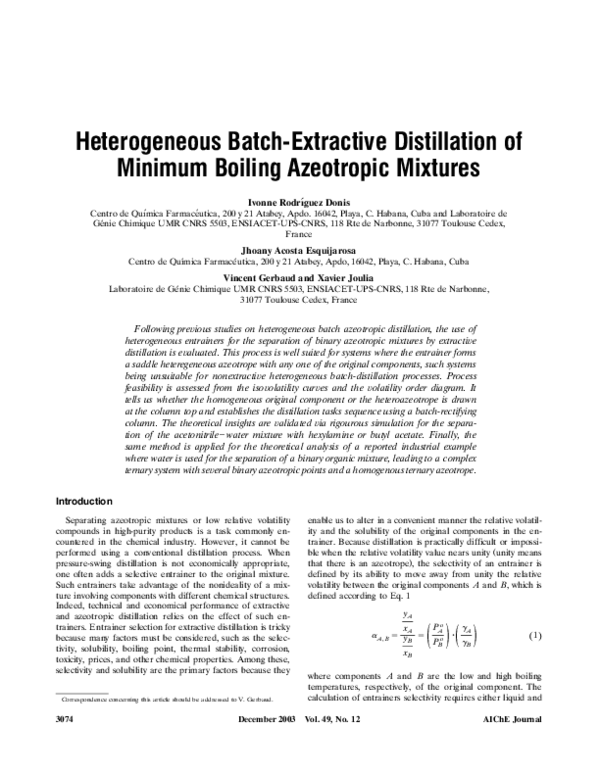 (PDF) Heterogeneous batch-extractive distillation of minimum boiling azeotropic mixtures