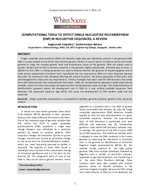 (PDF) Computational Tools to Detect Single Nucleotide Polymorphism (SNP) in Nucleotide Sequences ...