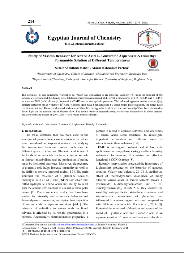 (PDF) Study of Viscous Behavior for Amino Acid L- Glutamine Aqueous N,N ...