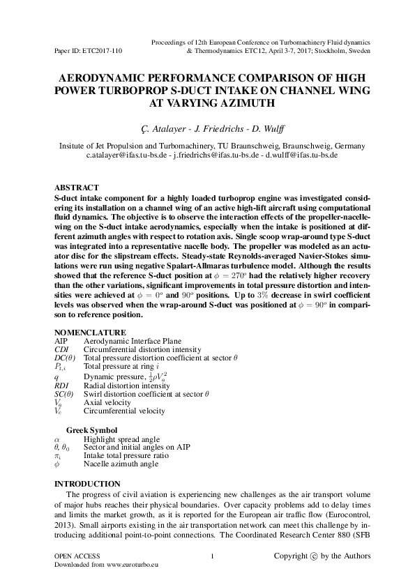 Pdf Aerodynamic Performance Comparison Of High Power Turboprop S Duct