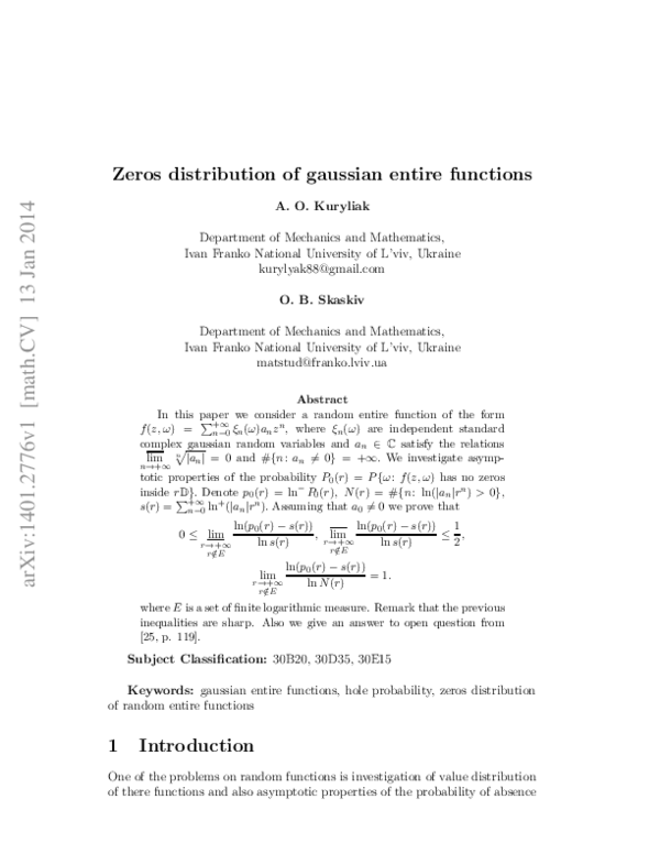 Pdf Zeros Distribution Of Gaussian Entire Functions