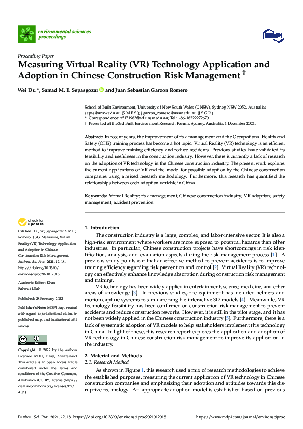 (PDF) Measuring Virtual Reality (VR) Technology Application and Adoption in Chinese Construction ...