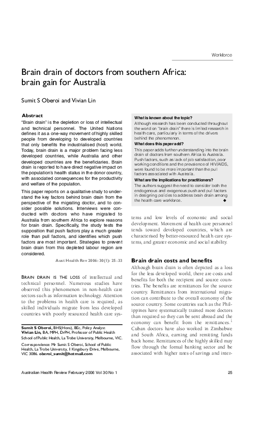 (PDF) Brain drain of doctors from southern Africa: brain gain for Australia