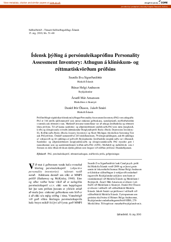 (PDF) Icelandic translation of the Personality Assessment Inventory ...