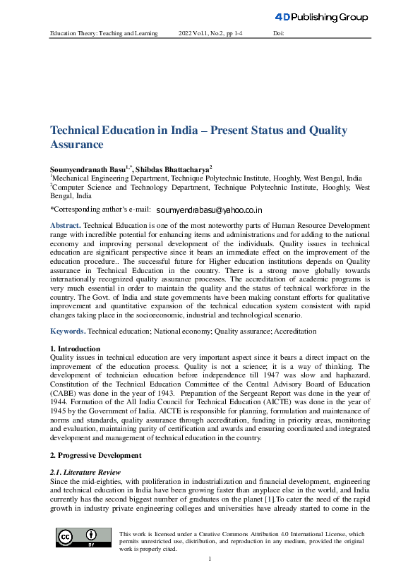 (PDF) Technical Education in India – Present Status and Quality Assurance