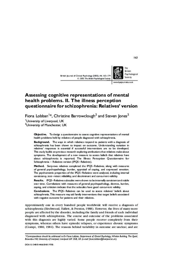(PDF) Assessing cognitive representations of mental health problems. II ...