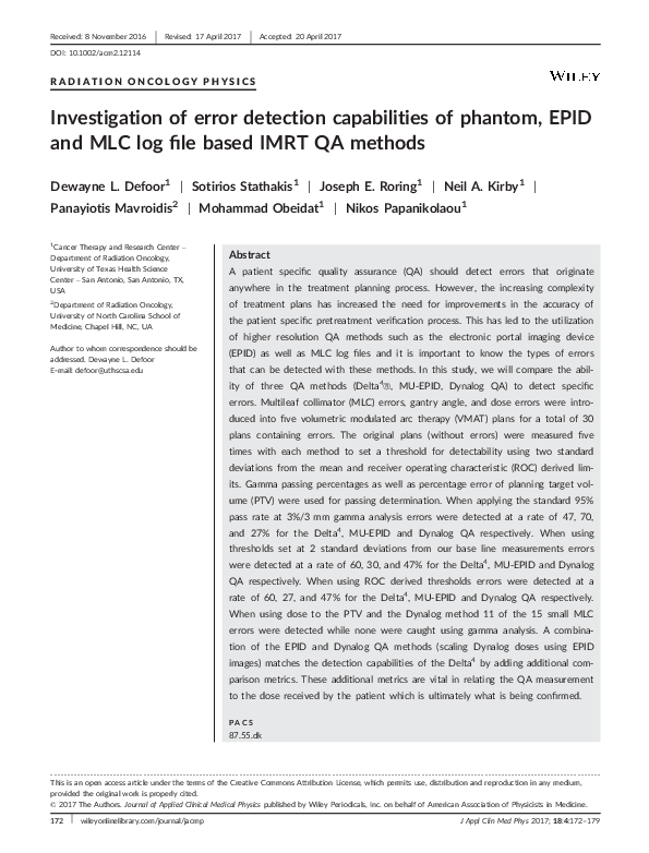 Pdf Investigation Of Error Detection Capabilities Of Phantom Epid And Mlc Log File Based Imrt