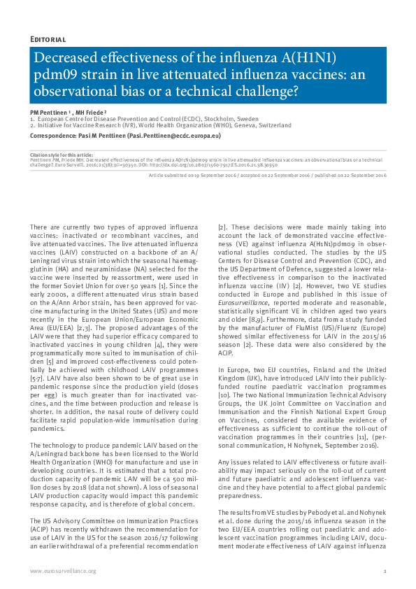 (PDF) Decreased effectiveness of the influenza A(H1N1)pdm09 strain in ...