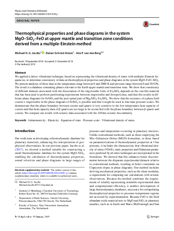 (PDF) Thermophysical properties and phase diagrams in the system MgO–SiO2–FeO at upper mantle ...