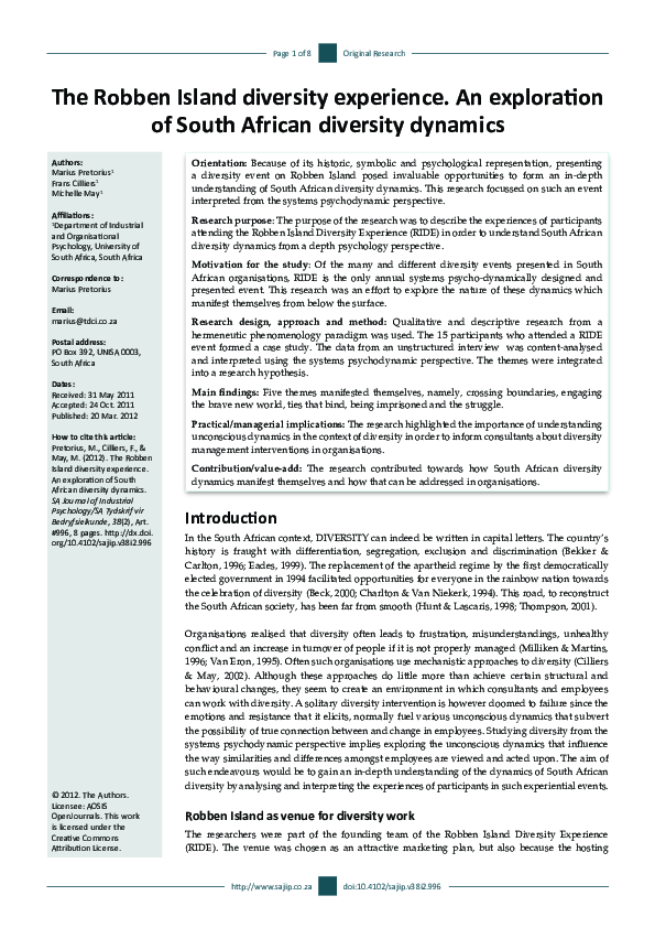 (PDF) The Robben Island diversity experience. An exploration of South ...
