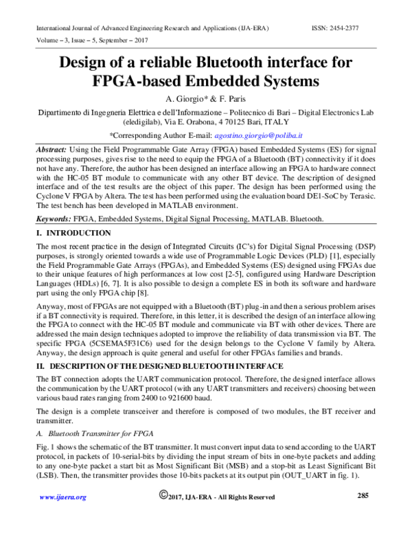 (PDF) Design of a reliable Bluetooth interface for FPGA-based Embedded Systems