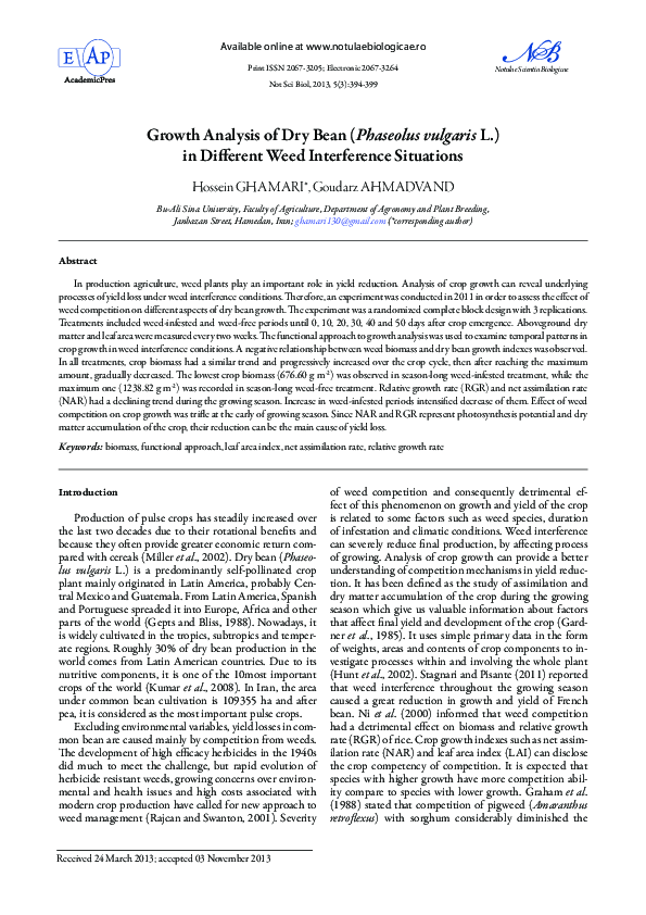 (PDF) Growth Analysis of Dry Bean (Phaseolus vulgaris L.) in Different Weed Interference Situations