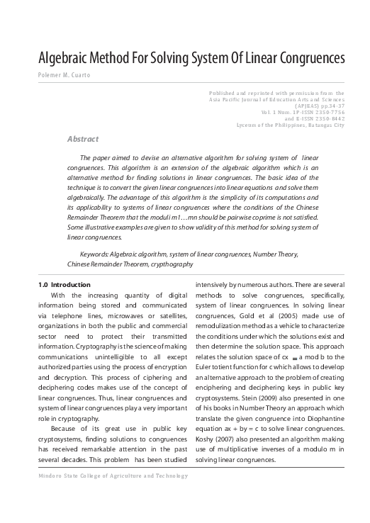 (PDF) Algebraic Method for Solving System of Linear Congruences