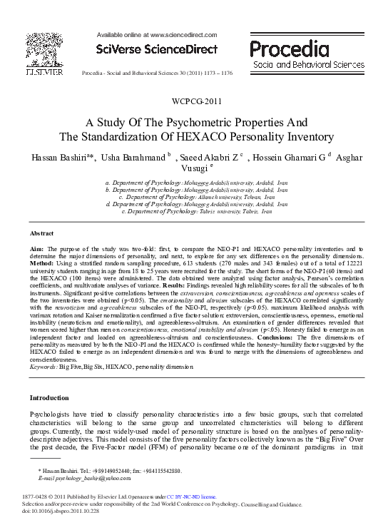 (PDF) A Study Of The Psychometric Properties And The Standardization Of ...