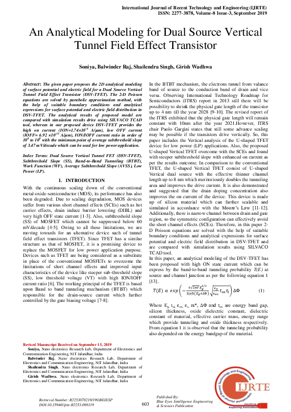 Pdf An Analytical Modeling For Dual Source Vertical Tunnel Field