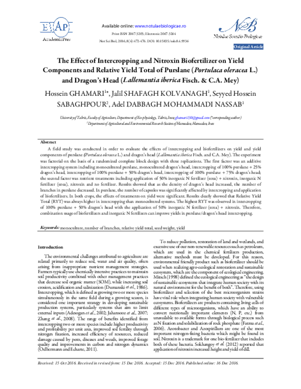 (PDF) The Effect of Intercropping and Nitroxin Biofertilizer on Yield Components and Relative ...