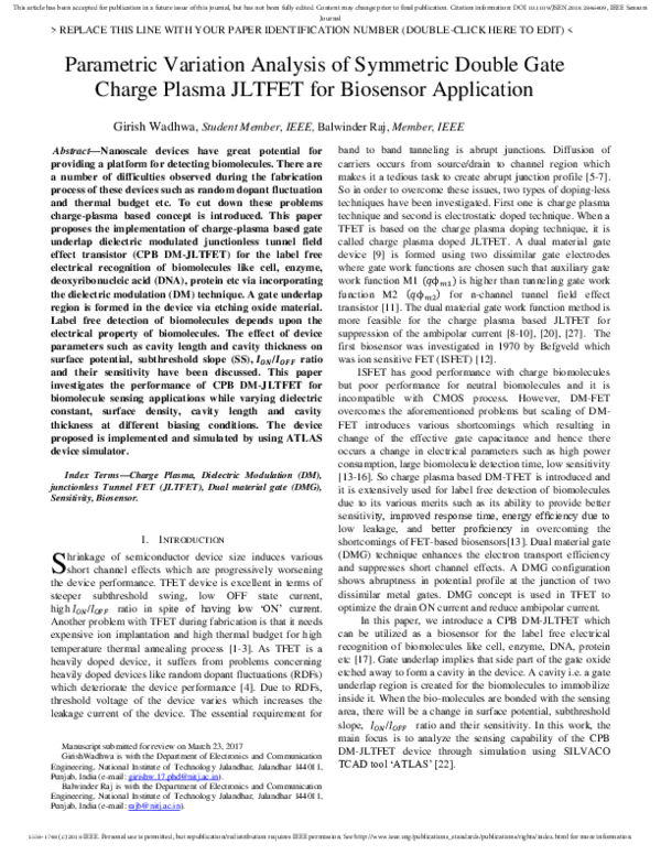 (PDF) Parametric Variation Analysis of Symmetric Double Gate Charge Plasma JLTFET for Biosensor ...