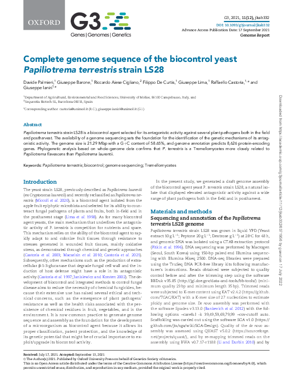 (PDF) Complete genome sequence of the biocontrol yeast Papiliotrema ...
