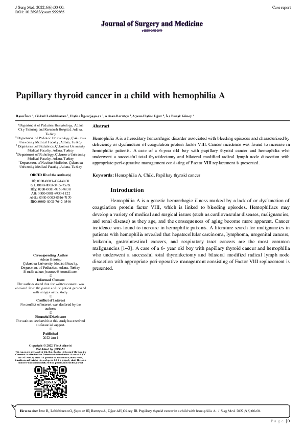 (PDF) Papillary thyroid cancer in a child with hemophilia A | isa guney - Academia.edu