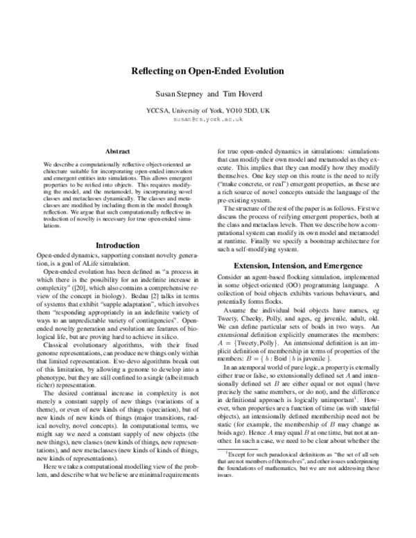 Pdf Reflecting On Open Ended Evolution