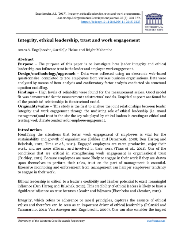 (PDF) Integrity, ethical leadership, trust and work engagement