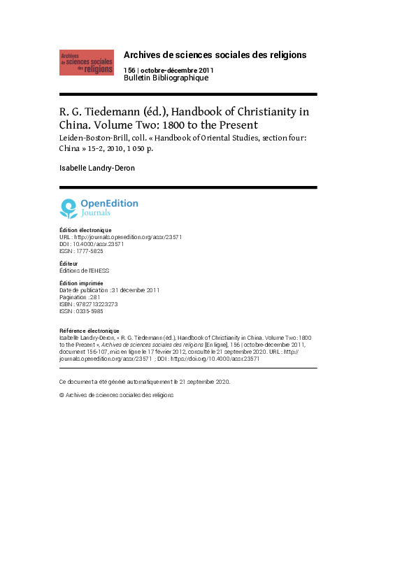 (PDF) R. G. Tiedemann (éd.), Handbook of Christianity in China. Volume ...