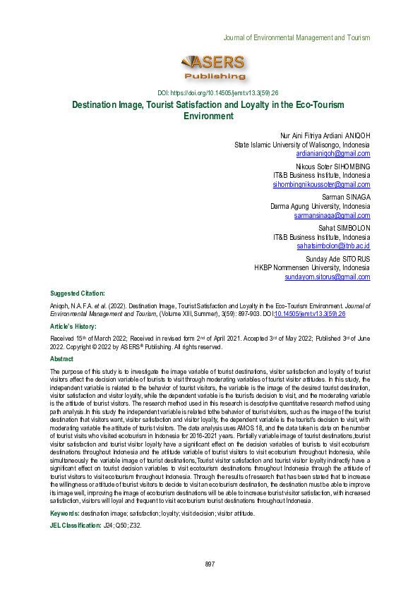 Pdf Destination Image Tourist Satisfaction And Loyalty In The Eco Tourism Environment