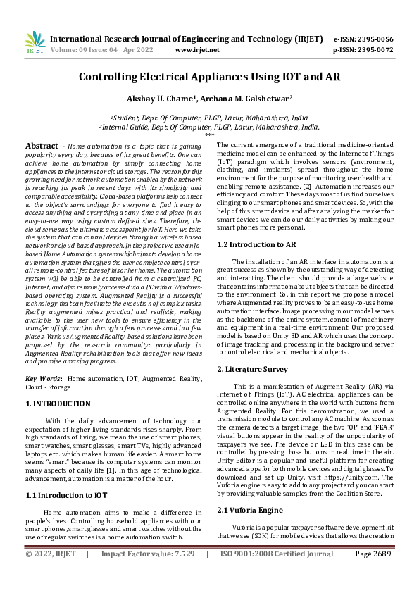 (PDF) Controlling Electrical Appliances Using IOT and AR