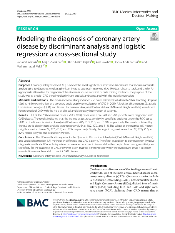(PDF) Modeling the diagnosis of coronary artery disease by discriminant analysis and logistic ...