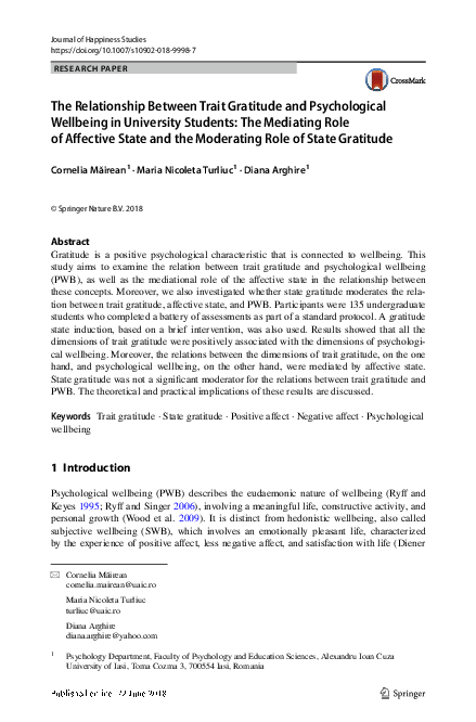 Pdf The Relationship Between Trait Gratitude And Psychological
