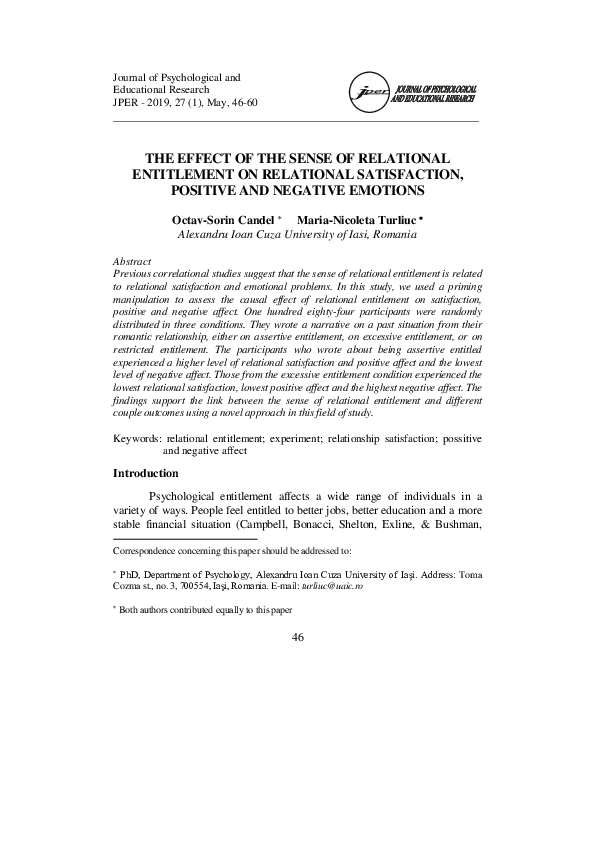 (PDF) The Effect of the Sense of Relational Entitlement on Relational Satisfaction, Positive and ...
