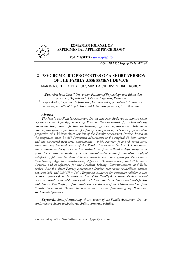 (PDF) Psychometric properties of a short version of the family ...