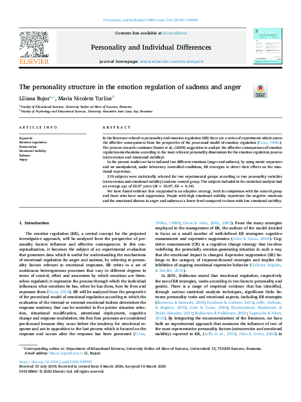 (PDF) The personality structure in the emotion regulation of sadness ...