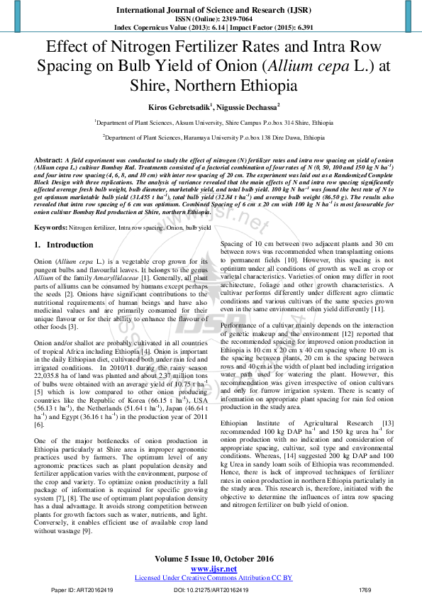 (PDF) Effect of Nitrogen Fertilizer Rates and Intra Row Spacing on Bulb ...