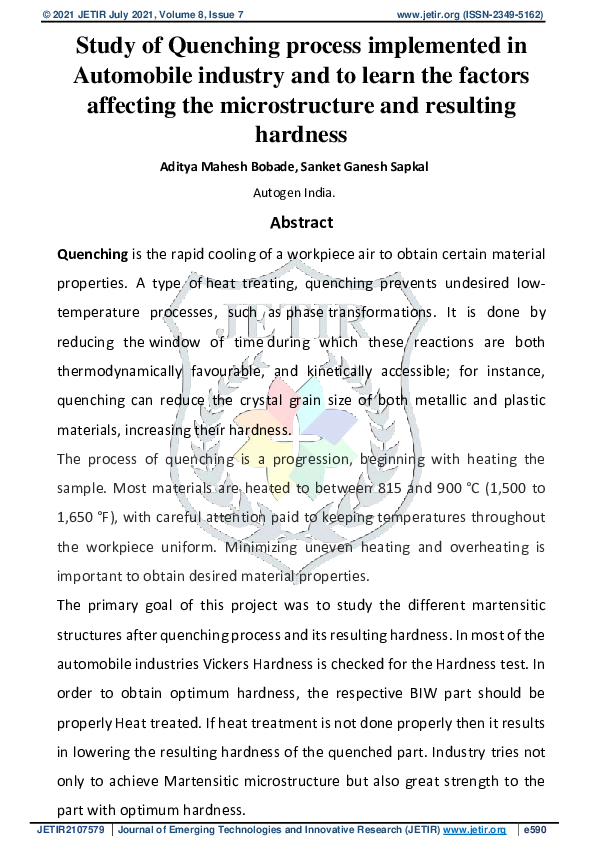 (PDF) Study of Quenching process implemented in Automobile industry and to learn the factors ...