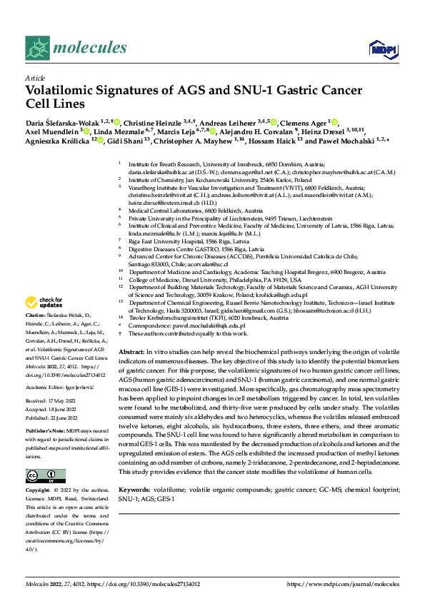 (PDF) Volatilomic Signatures of AGS and SNU-1 Gastric Cancer Cell Lines